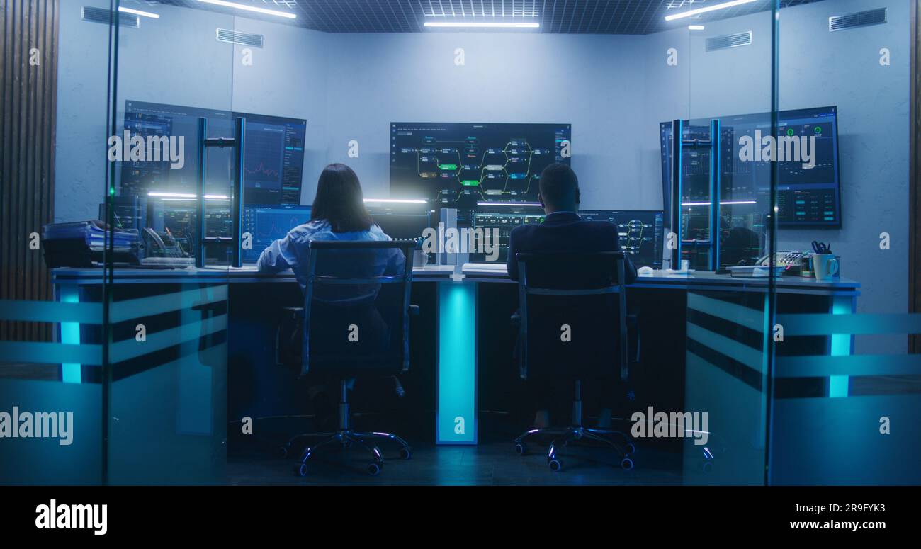 Back view of diverse IT technical specialists working on computers with database server in ...