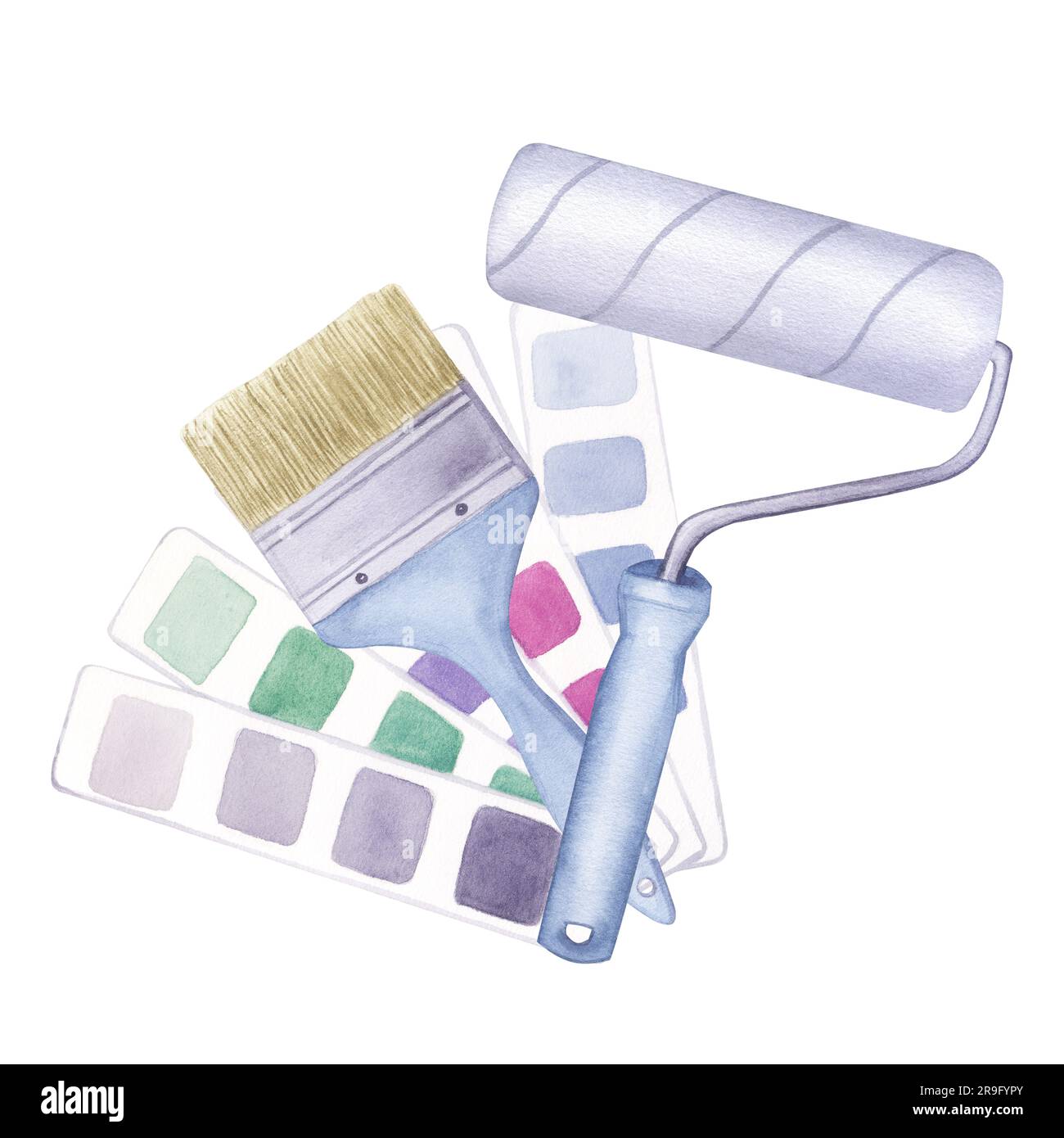 Paint roller and bristles brush, blue handle, repair tool. Color ...