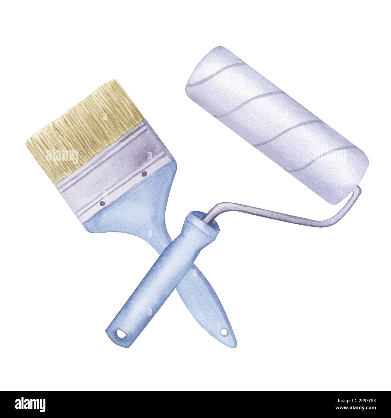 Paint roller and bristles brush, blue handle, repair tool. Decorating ...