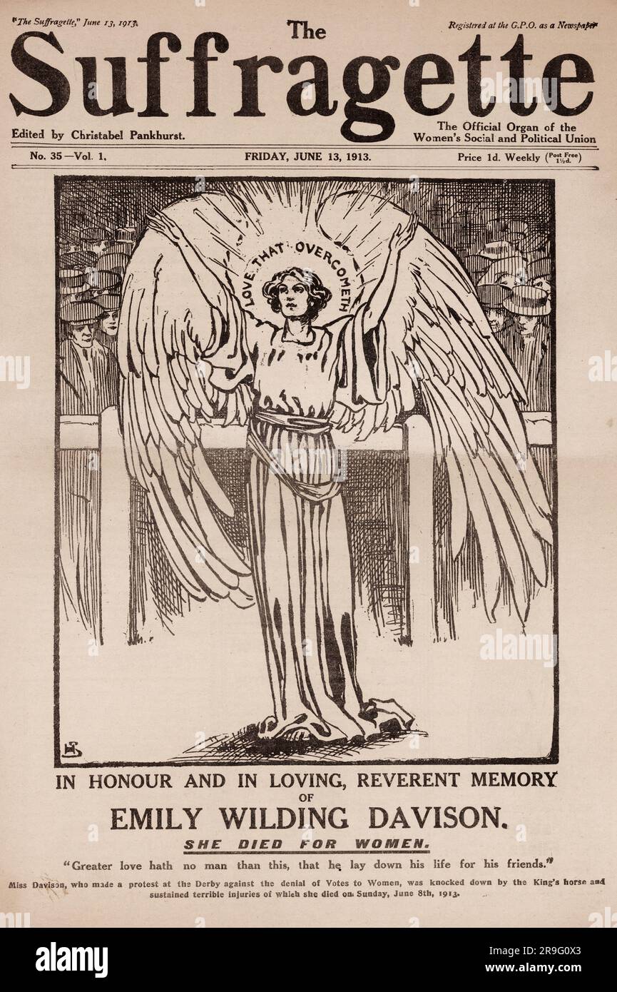 The front page of The Suffragette newspaper from 13 June 1913, devoted ...