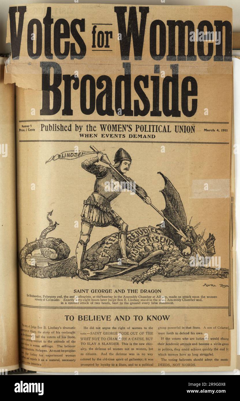 Suffrage cartoon shows Judge Ben Lindsay slaying the anti suffragist ...