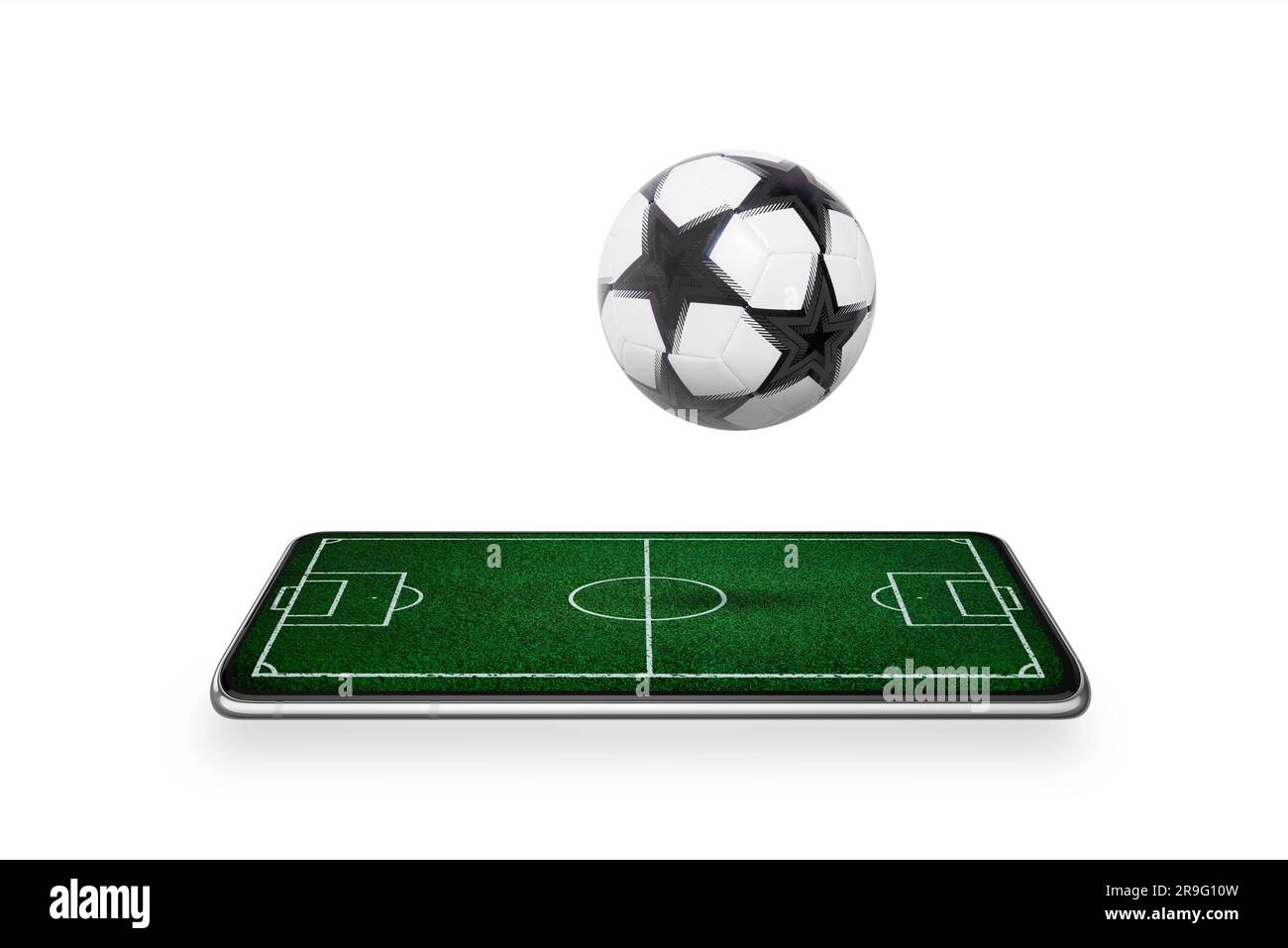 Smart phone with soccer field on screen with bouncy ball isolated ...