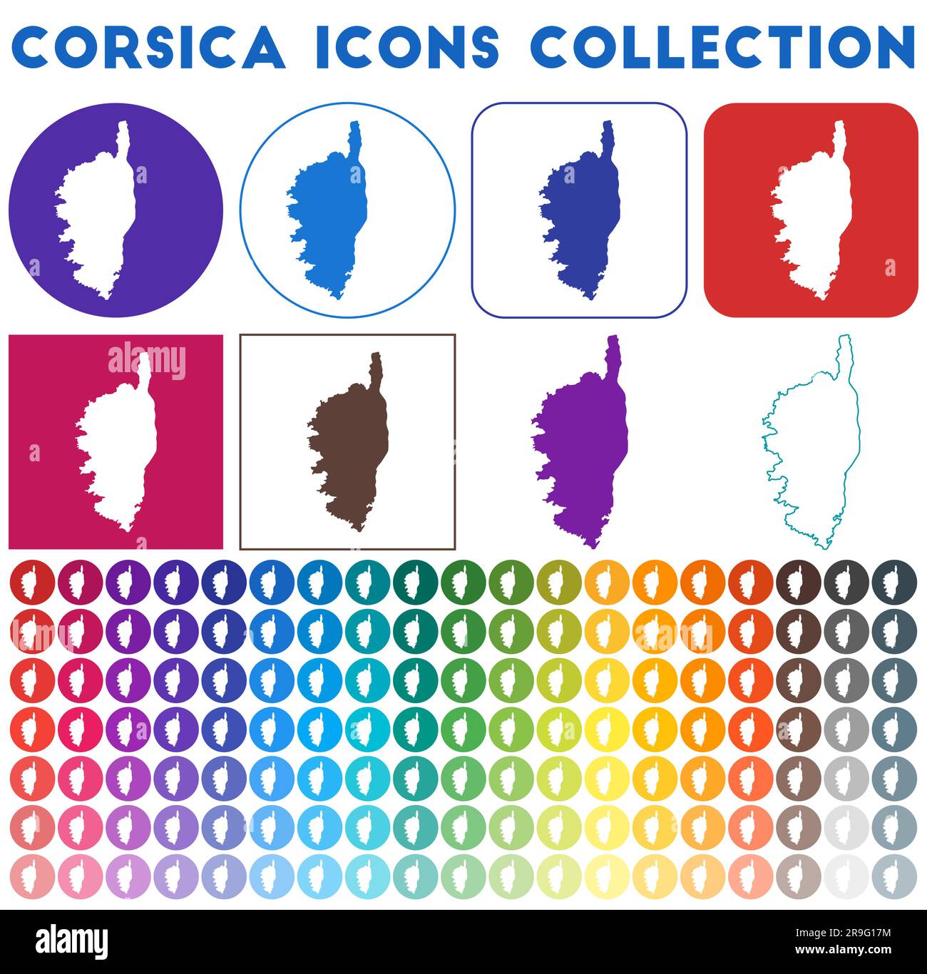 Corsica icons collection. Bright colorful trendy map icons. Modern ...