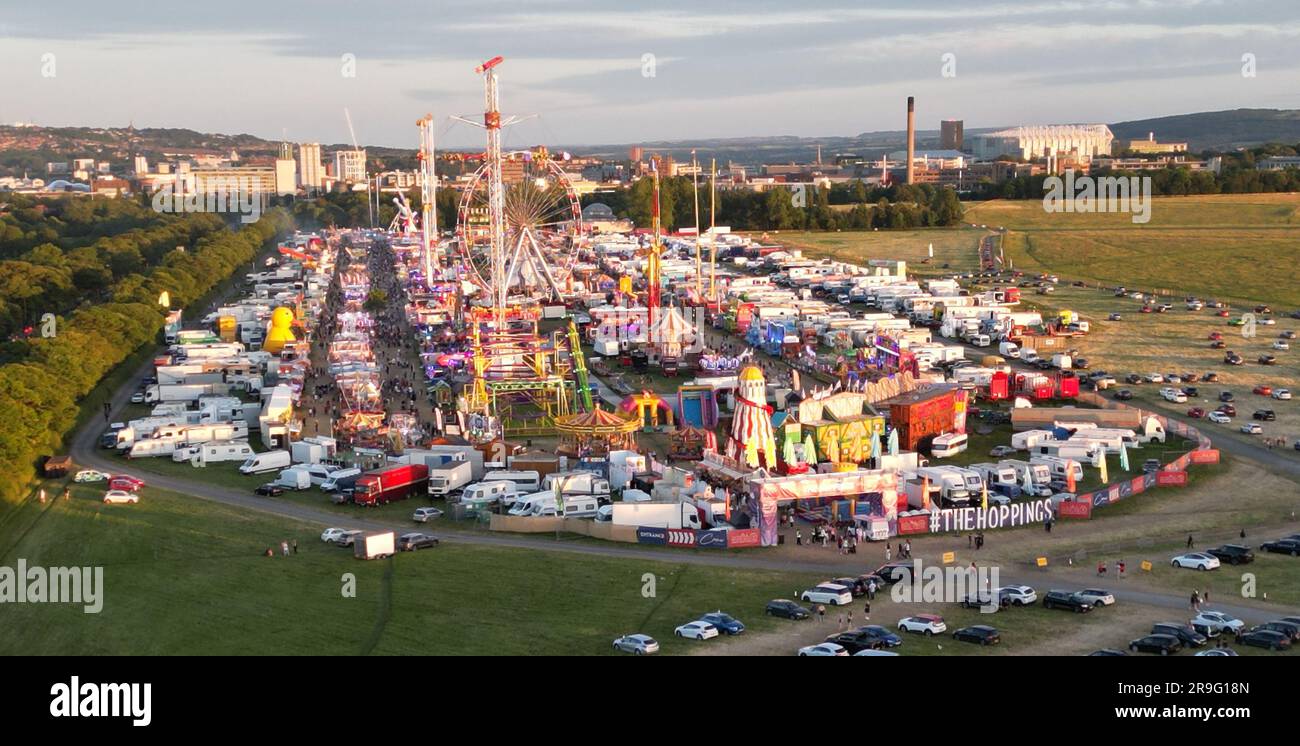 Newcastle upon Tyne, 24 June 2023. Aerial view of the Hoppings held ...