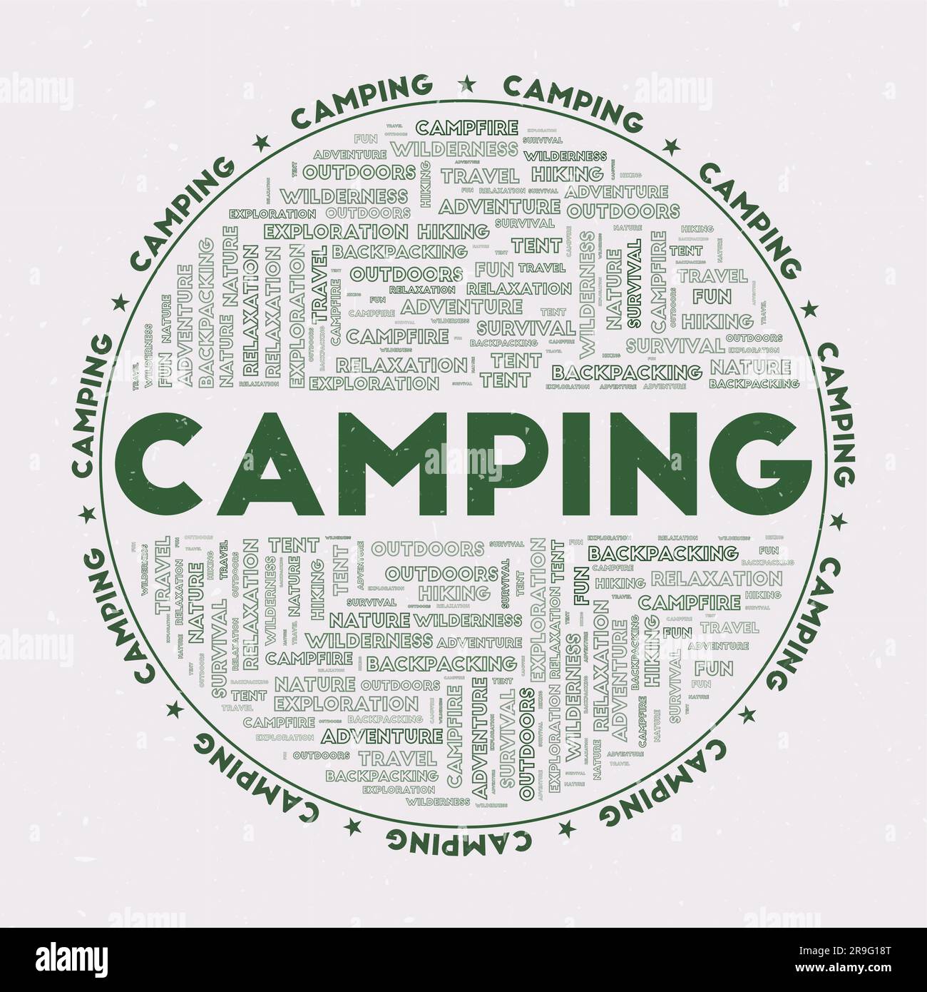 Camping - round badge. Text camping with keywords word clouds and ...