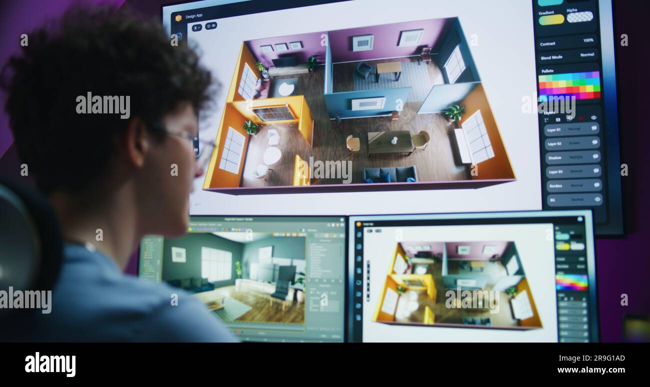 Young 3D designer creates modern house interior, works on design ...