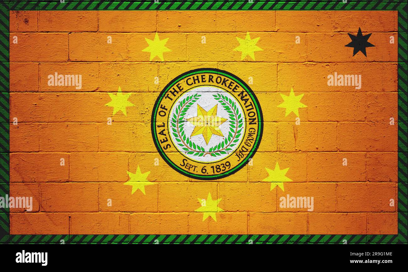 Flag of the Cherokee Nation painted on a cinder block wall Stock Photo ...