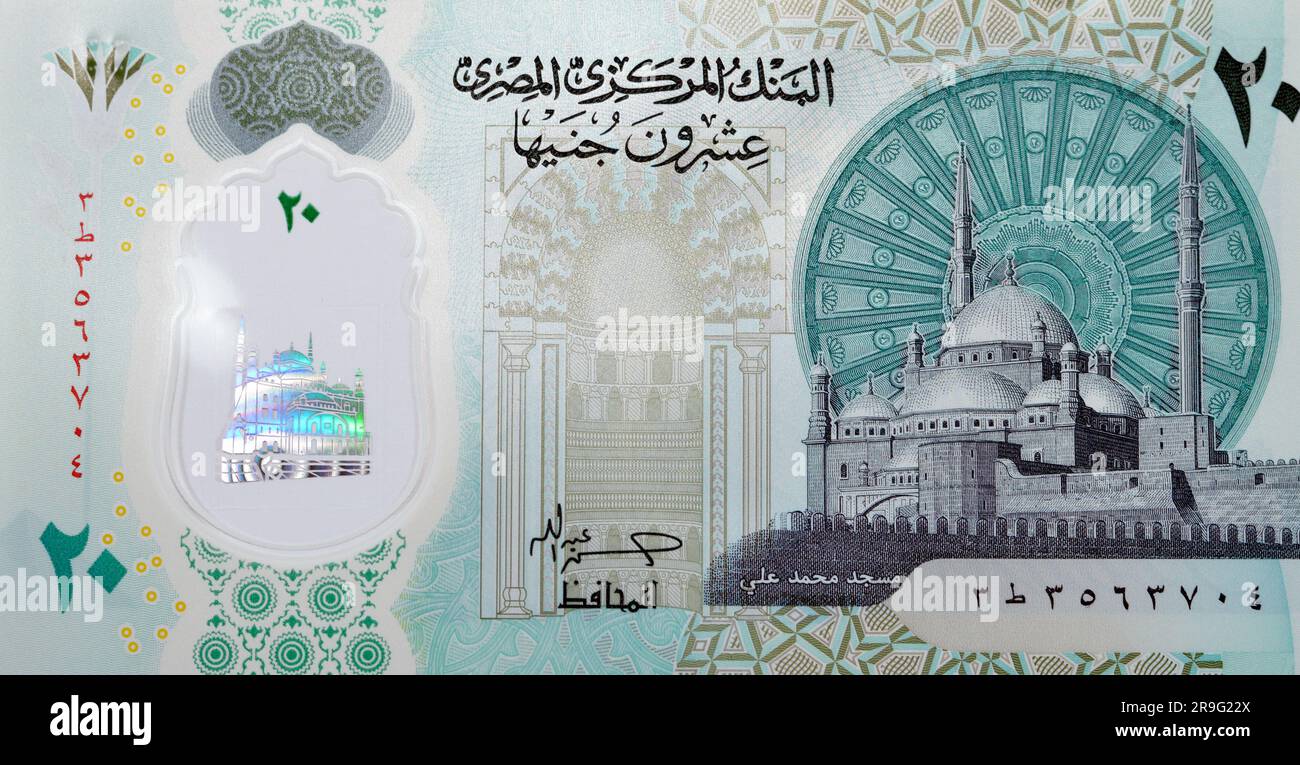 Large fragment of the obverse side of the new Egyptian 20 EGP LE twenty ...