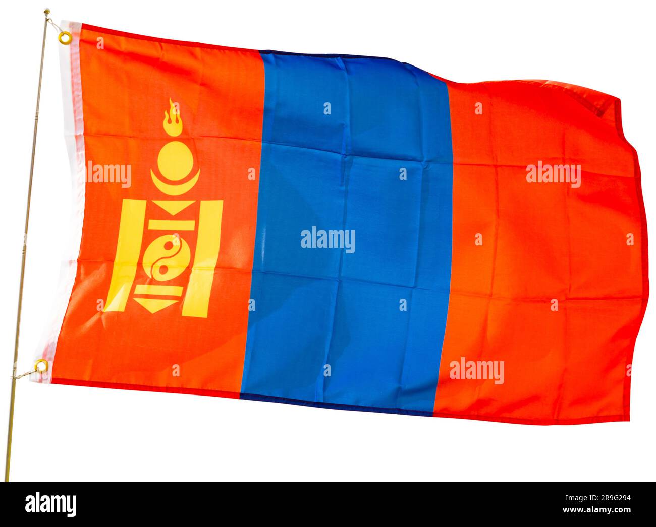 Mongolian flag flying beautifully in wind with gray sky behind Stock ...