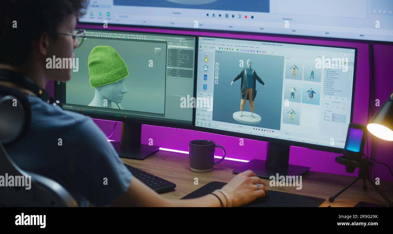Young 3D designer creates video game character or clothes, works ...