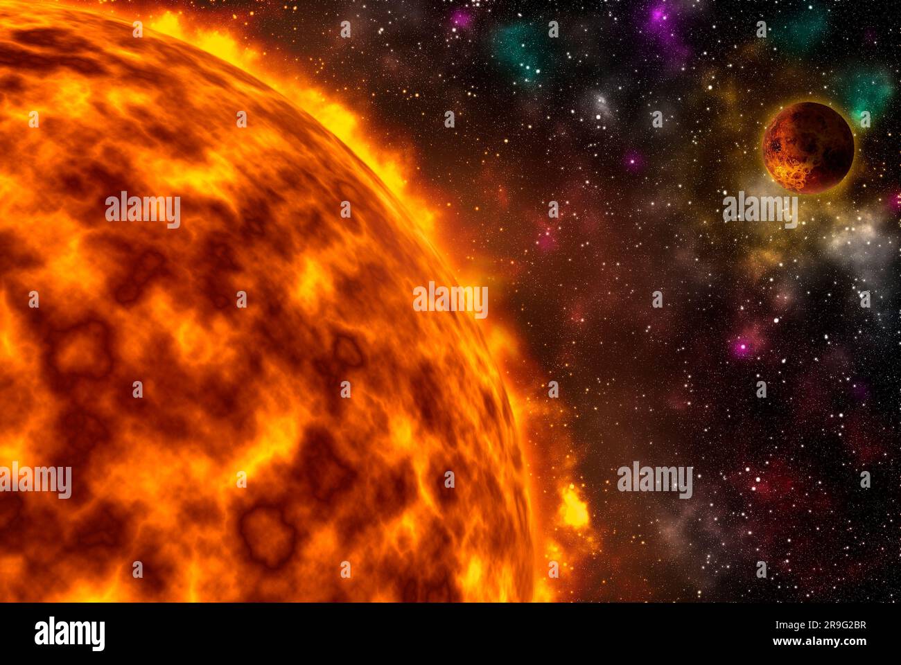 Sun star burning with fiery intensity and planet. Red, yellow and ...