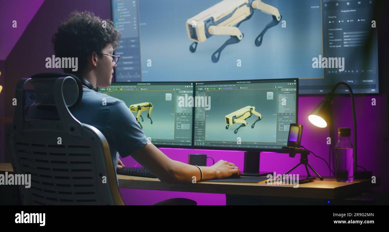 Young 3D designer creates robot 3D visualization and prototype, works ...