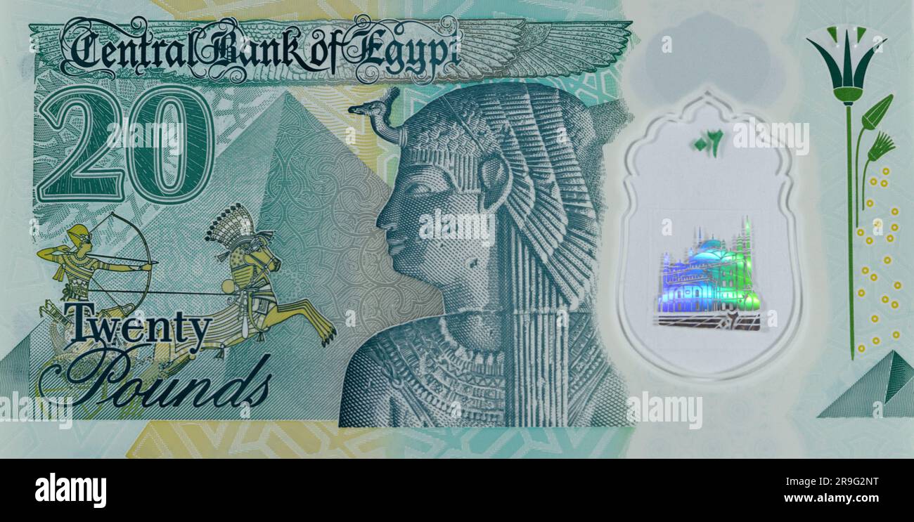 Large fragment of the reverse side of the new Egyptian 20 EGP LE twenty ...