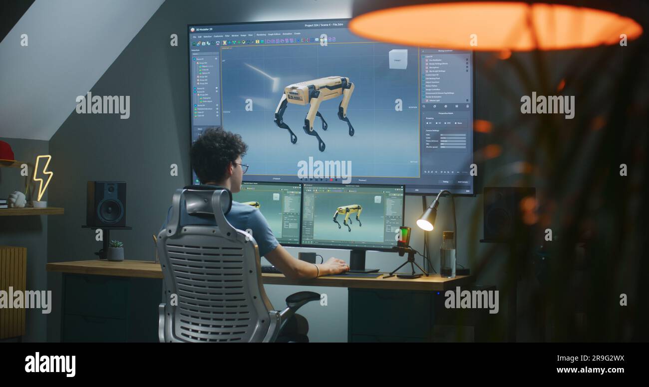 Young 3D designer creates robot 3D visualization and prototype, works ...