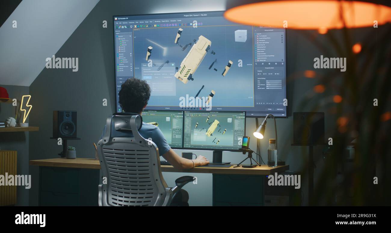 Young 3D designer creates robot 3D visualization and prototype, works ...