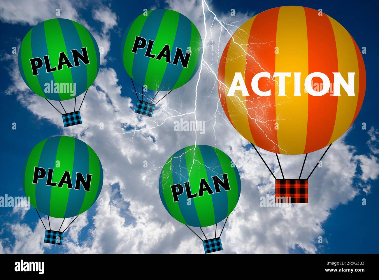 Hot air balloons with Plan and Action concept. Abstract background ...