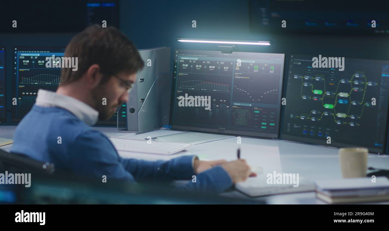 Professional software engineer sits in front of computer with big data ...
