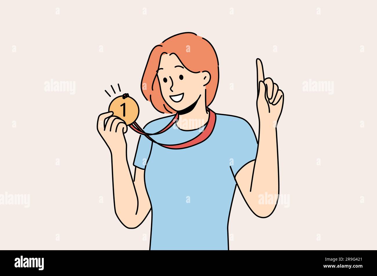 Woman with medal for first place won sports competition and is proud of ...