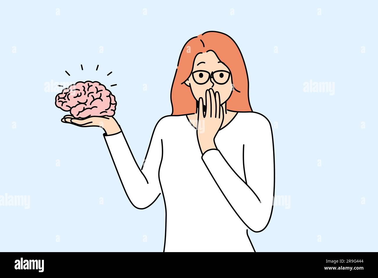 Woman with brain in hand looks at screen for concept of psychological ...