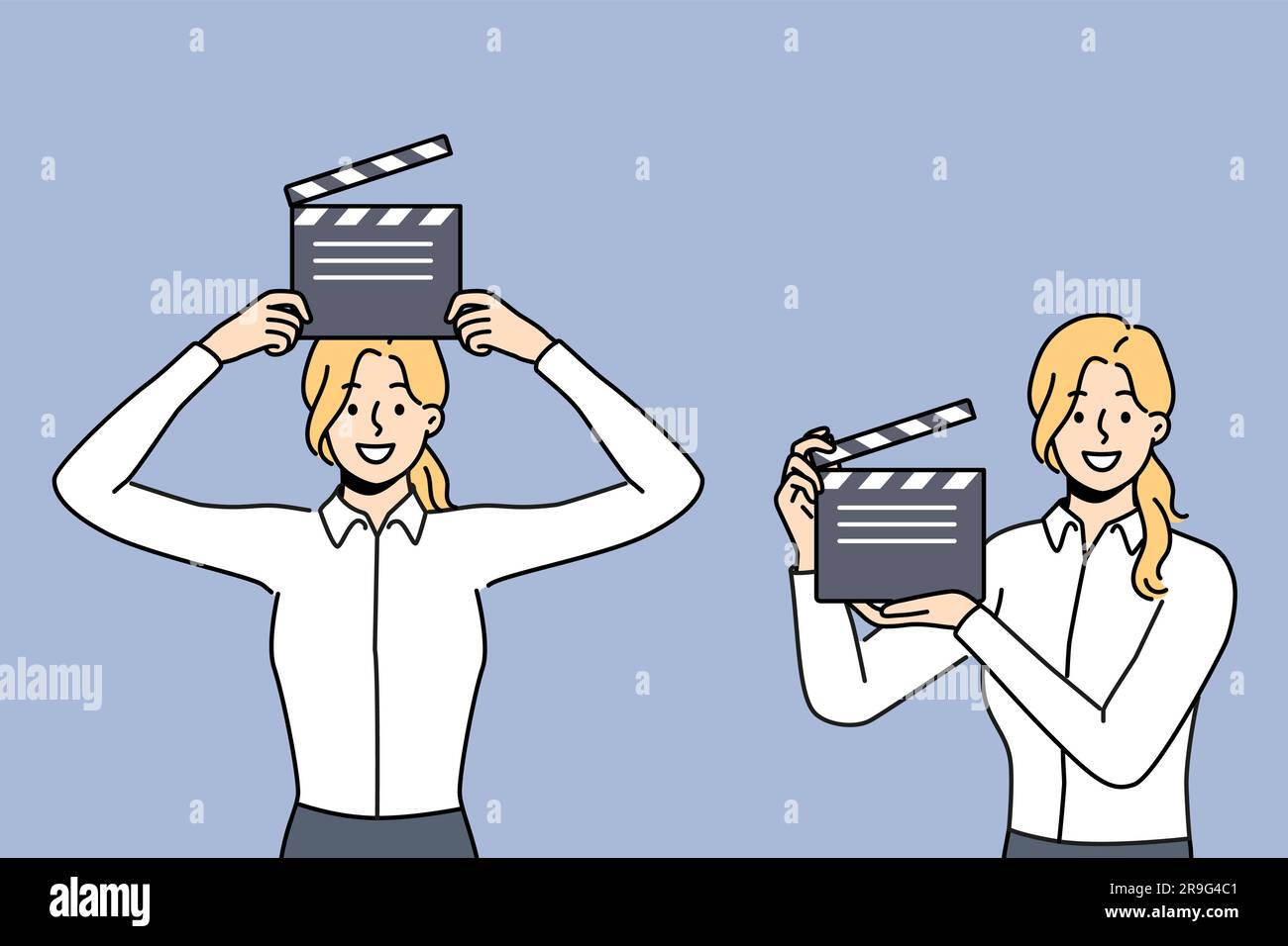 Woman with clapboard for shooting movie works in hollywood film company ...