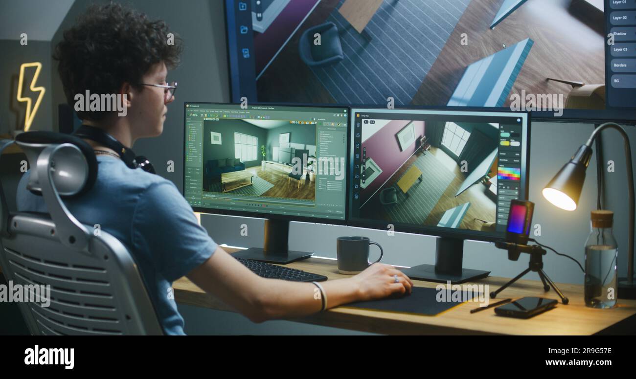 Young 3D designer creates modern house interior, works on design ...