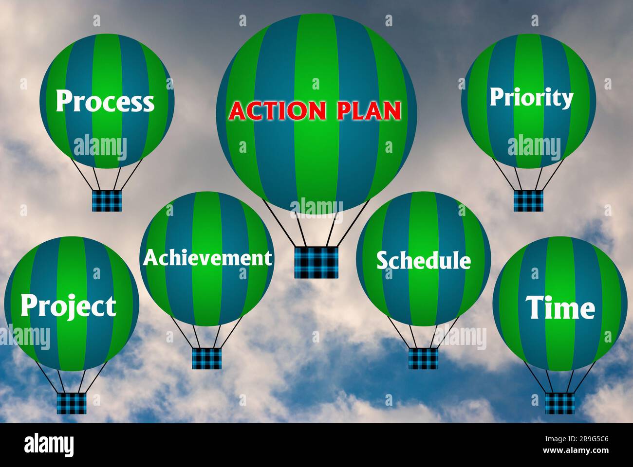 Hot air balloons with ACTION PLAN concept. Abstract background ...