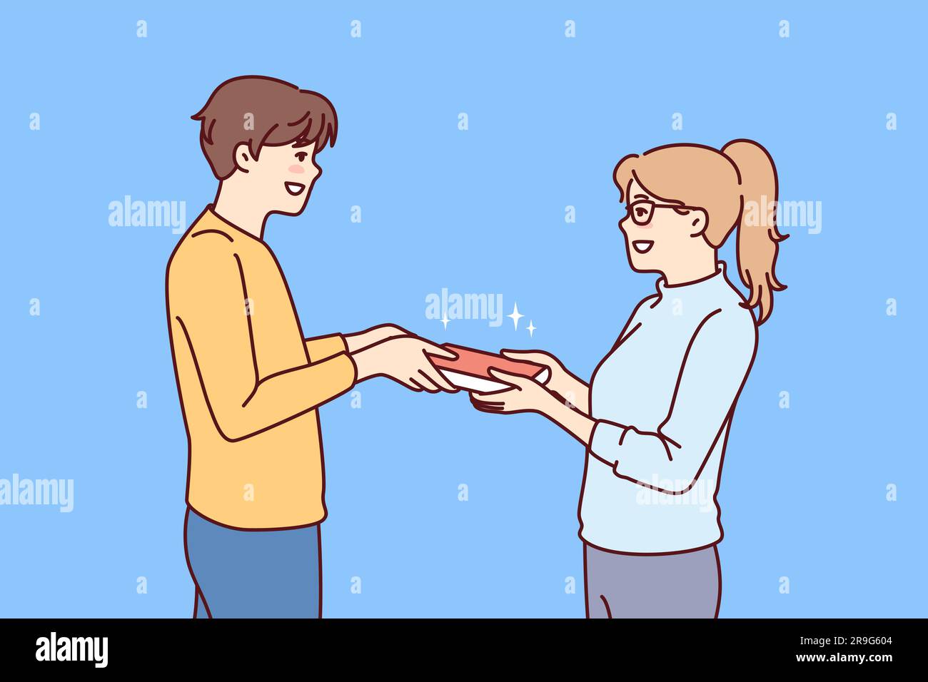 Guy student passes book to girl for concept of school love or joint ...