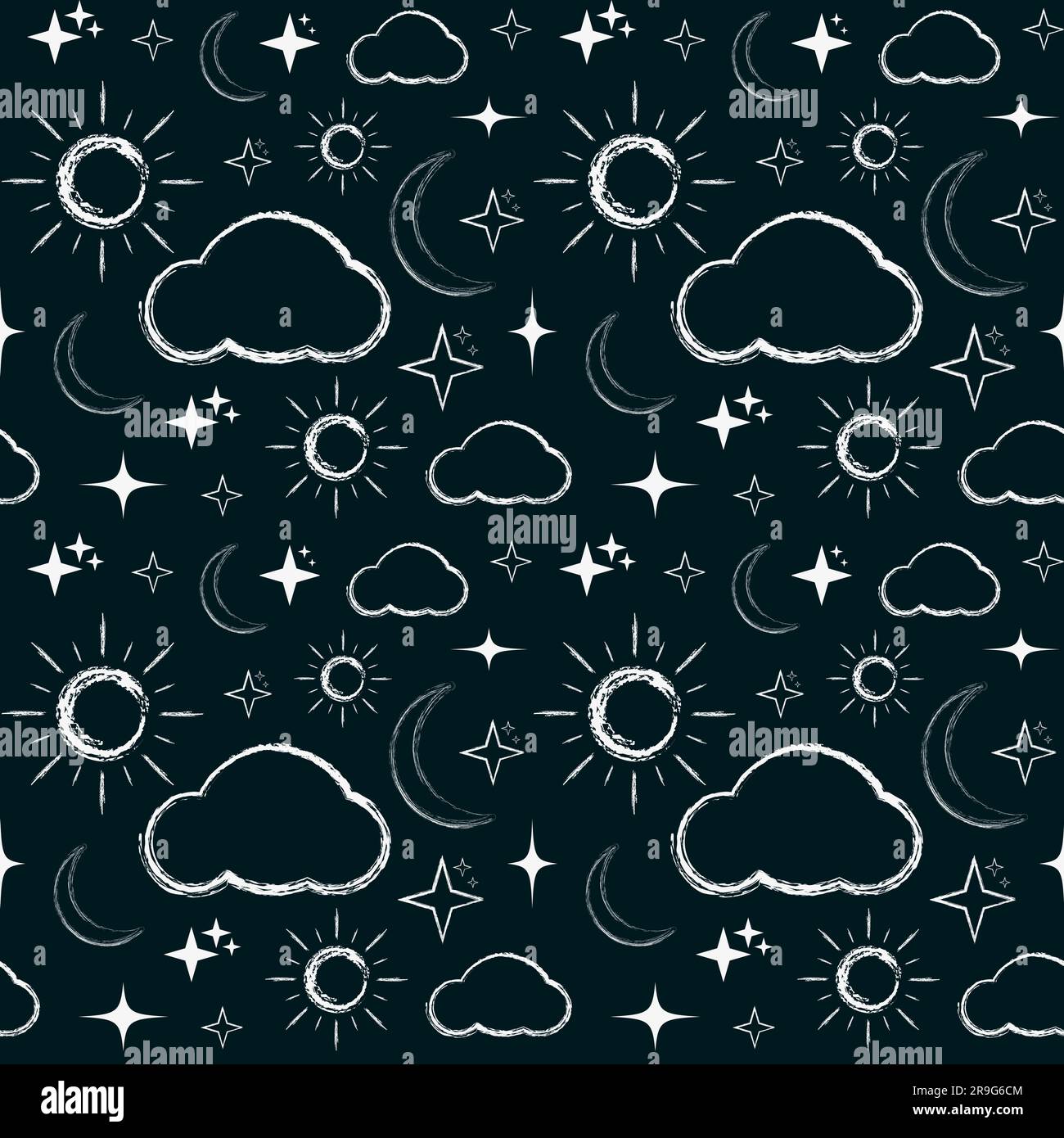 Hand drawn chalk seamless pattern Black and white doodle illustration Sun, cloud, moon, stars ...