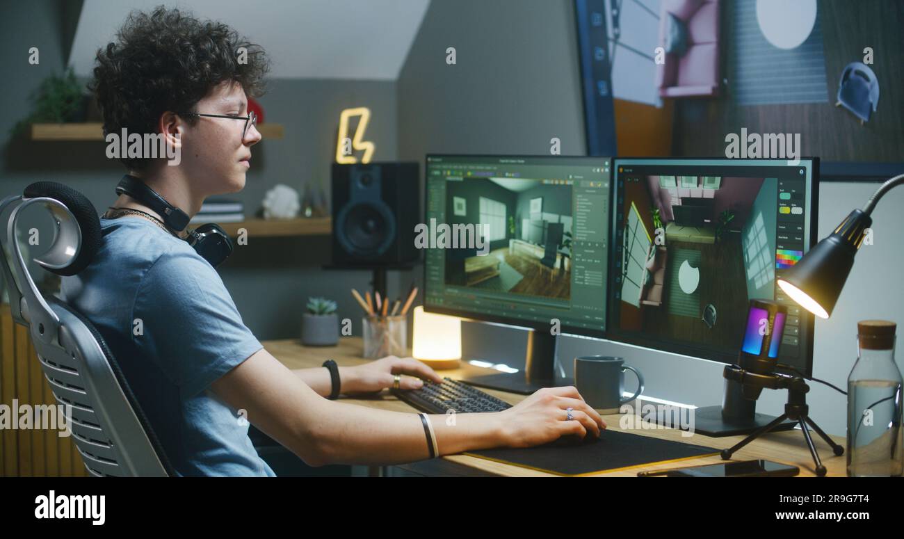 Young 3D designer creates modern house interior, works on design ...