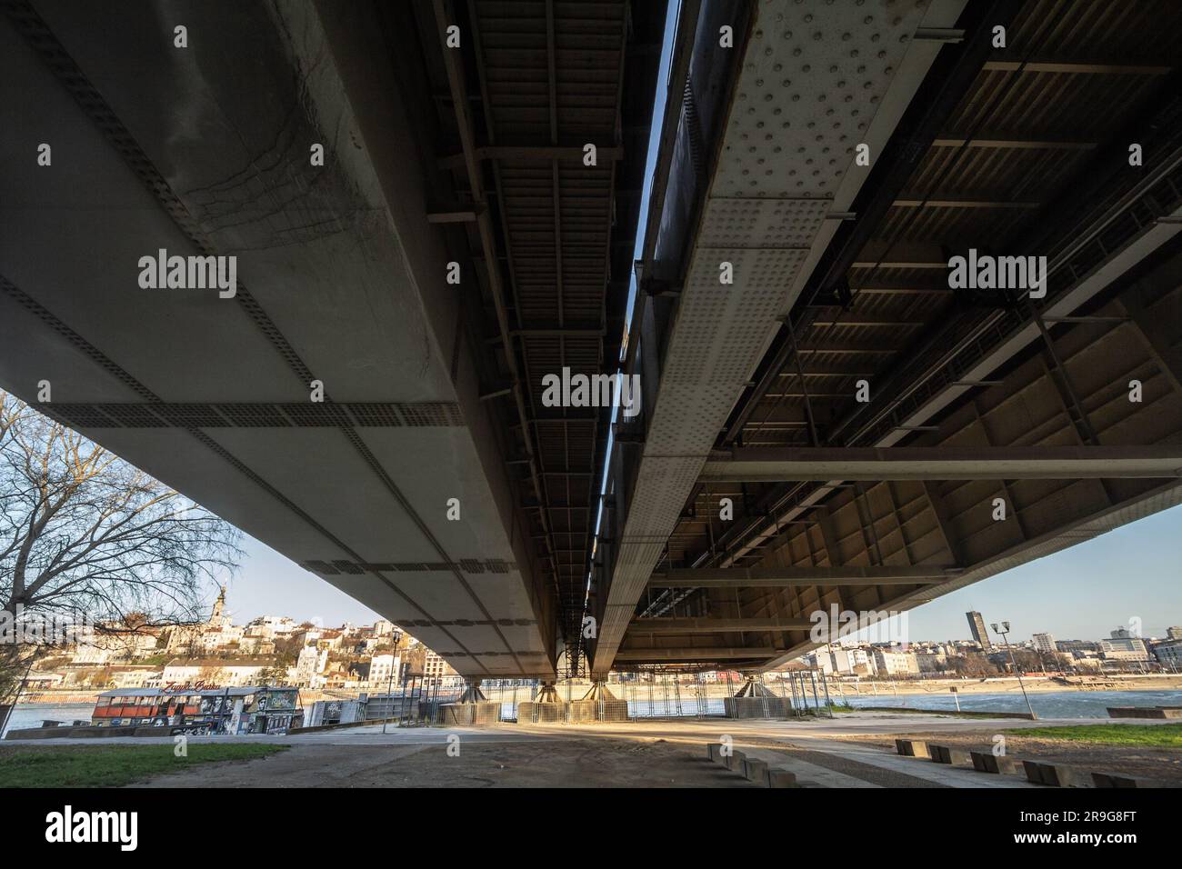 Picture of Branko's bridge seen from below with splav clubs and the ...