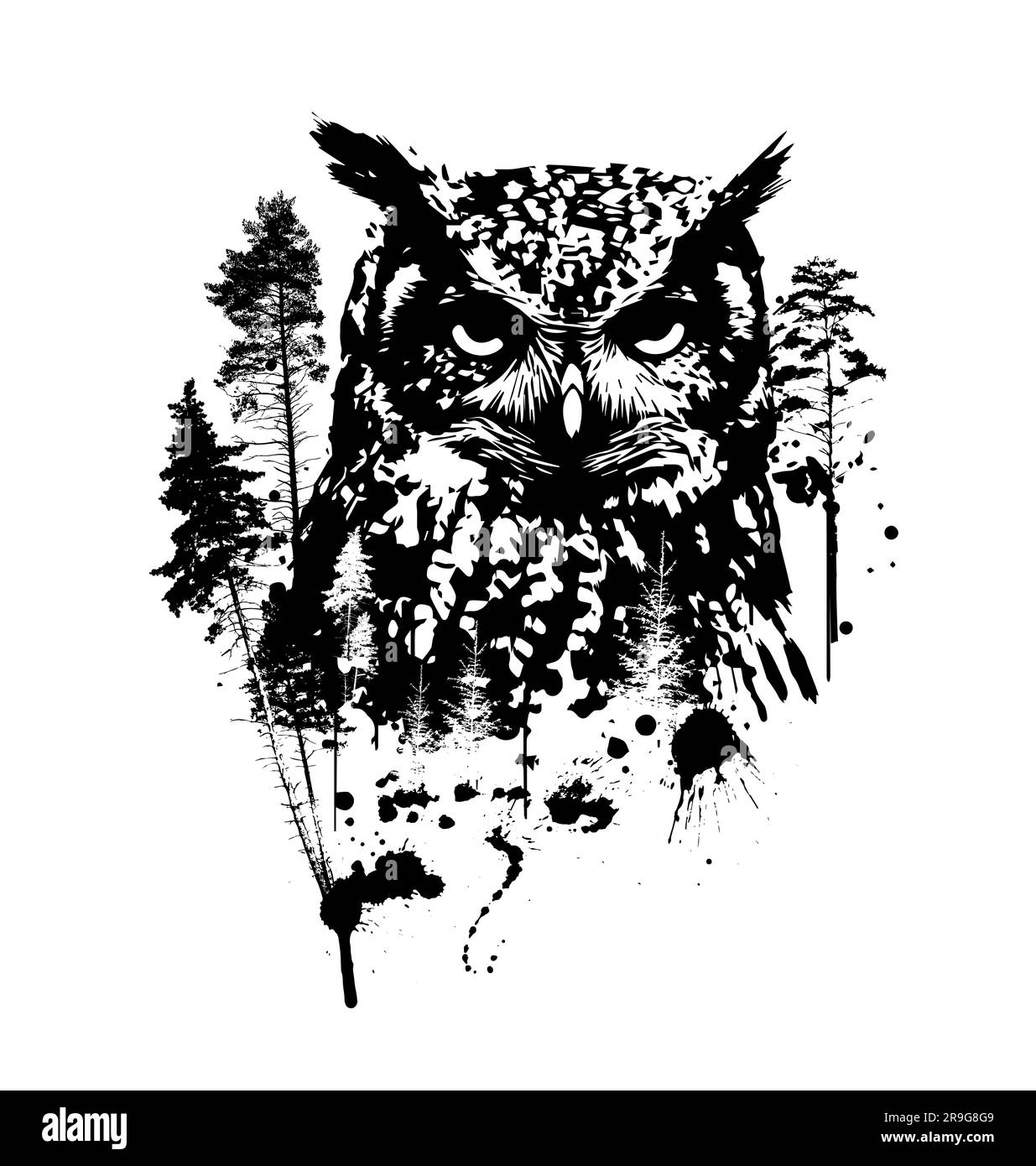 Monochrome graphic portrait of an owl in the forest. Abstraction trees ...