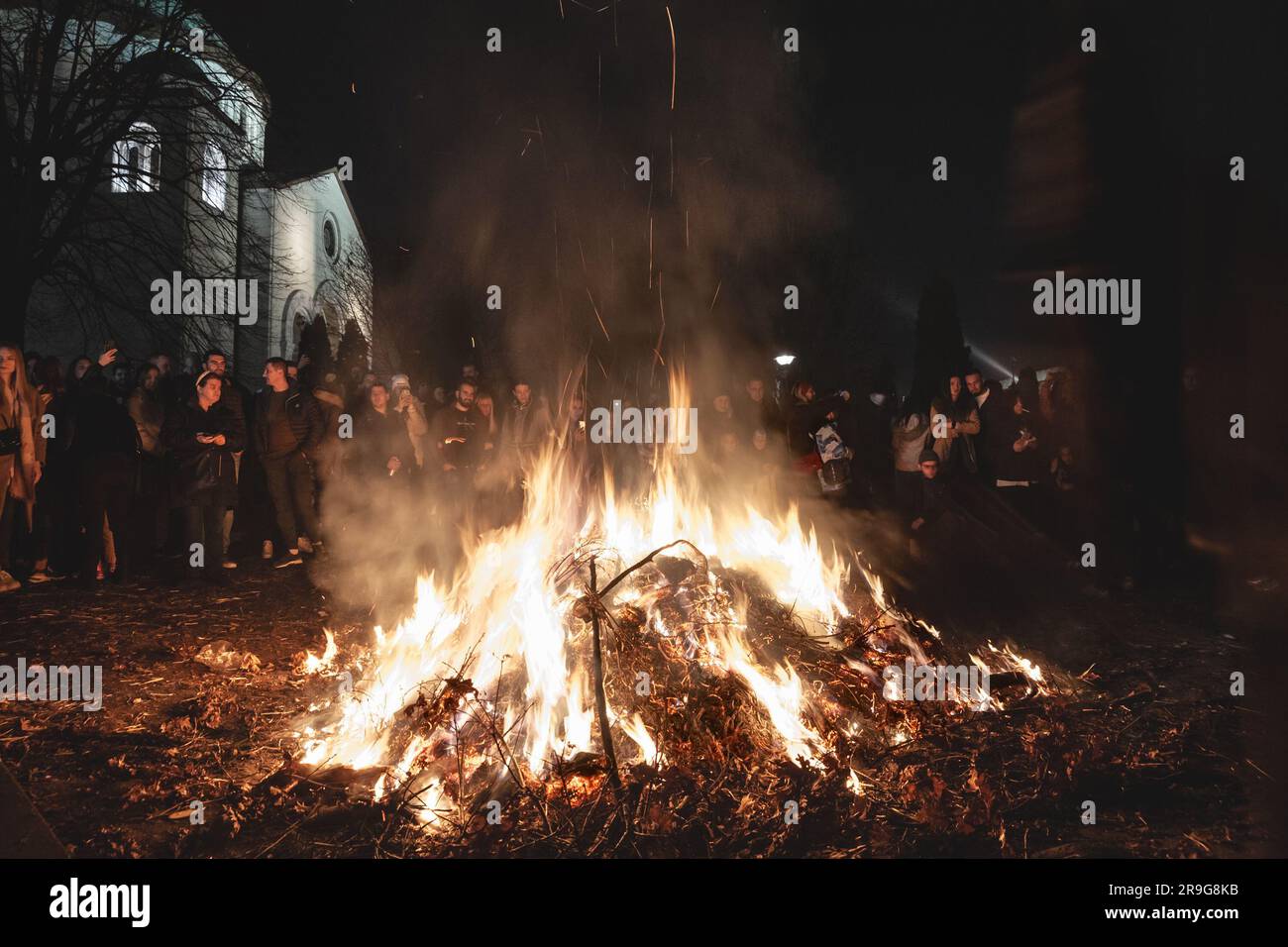 People burning Badnjak on Orthodox christmas night in belgrade, Serbia ...