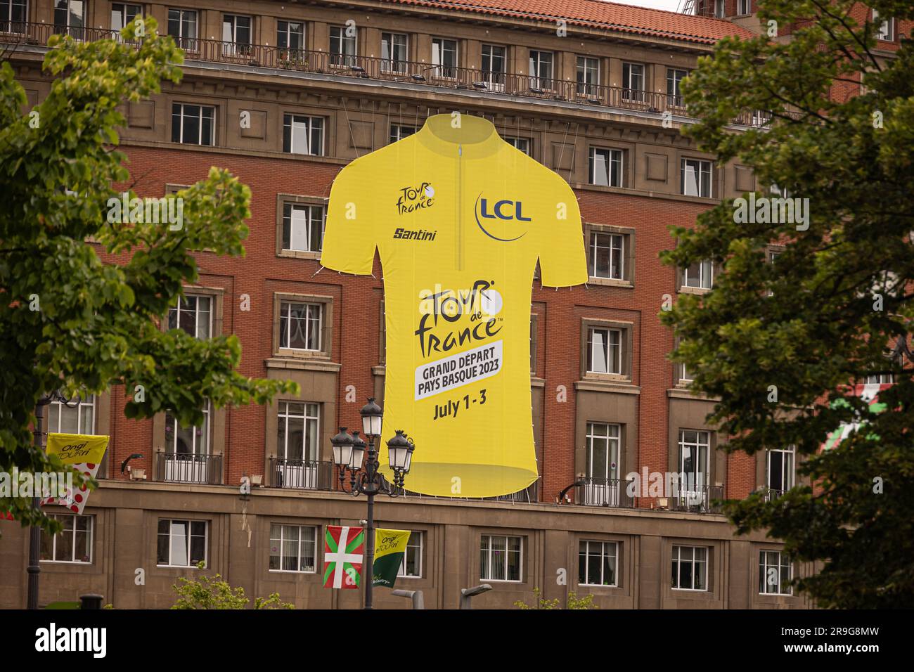 Bilbao, Spain. Advertising banner of the start of the 110th Tour de ...