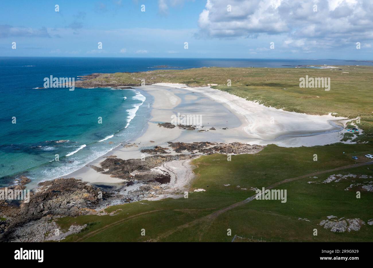 Aerial view of Balevullin Bay beach, Isle of Tiree, Inner Hebrides ...
