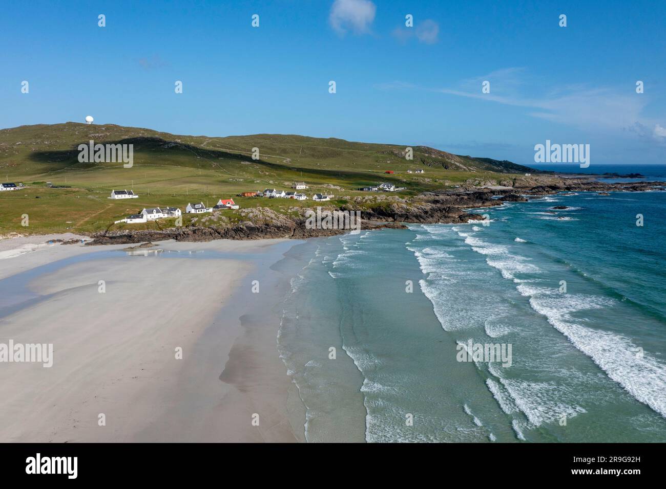 Aerial view of Balephuil bay, and Balephuil township, Isle of Tiree ...