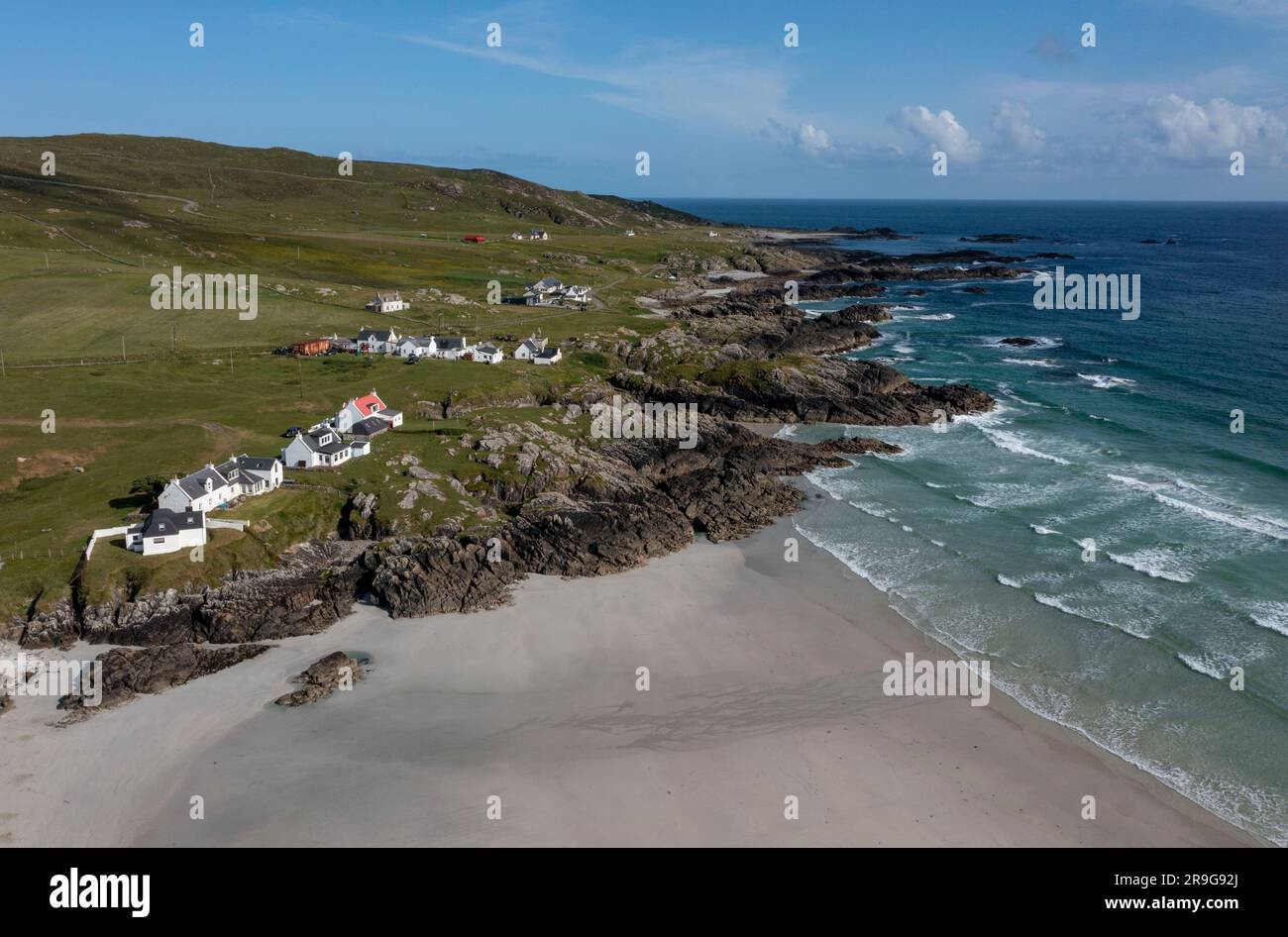 Aerial view of Balephuil bay, and Balephuil township, Isle of Tiree ...