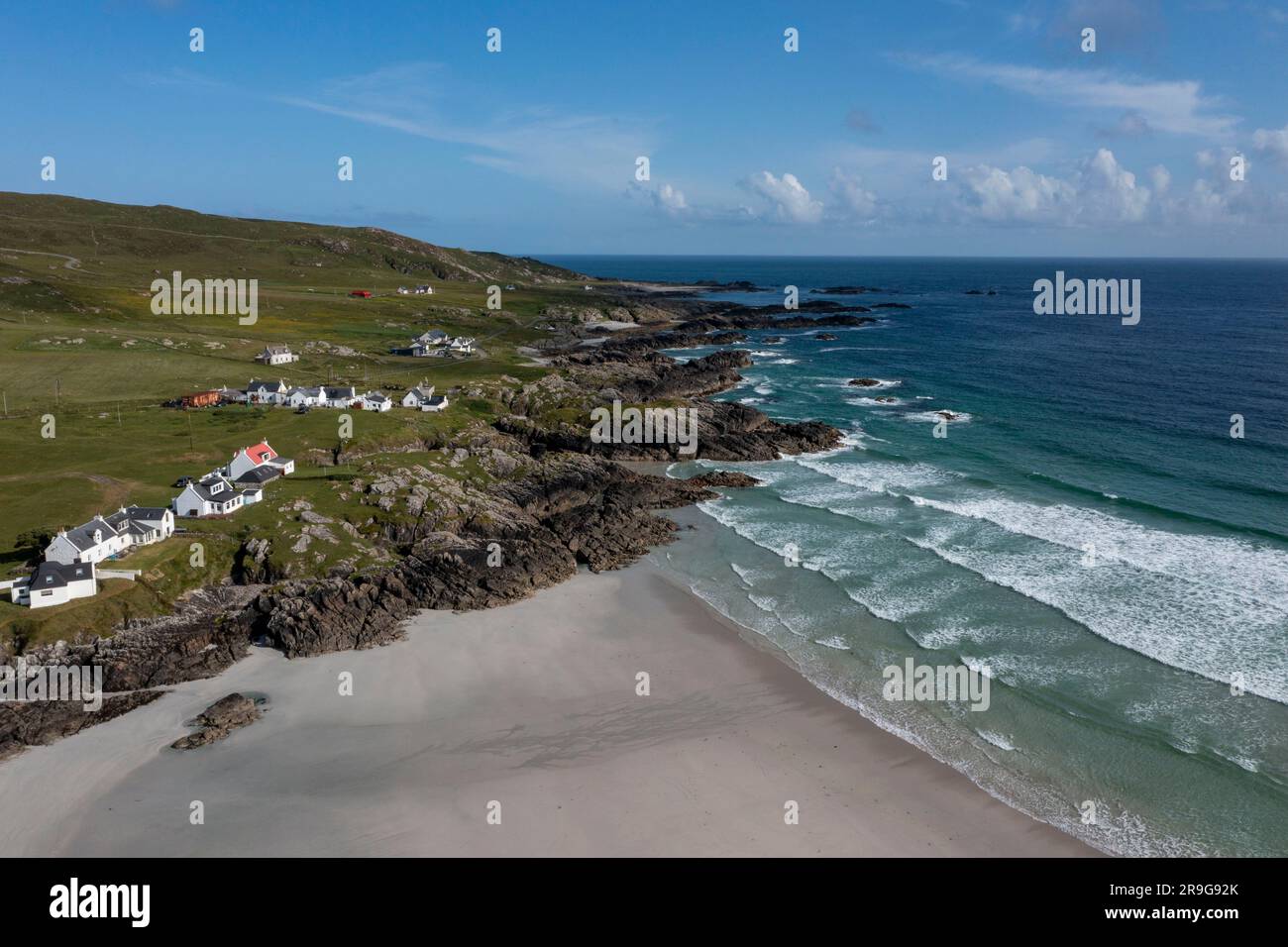Aerial view of Balephuil bay, and Balephuil township, Isle of Tiree ...