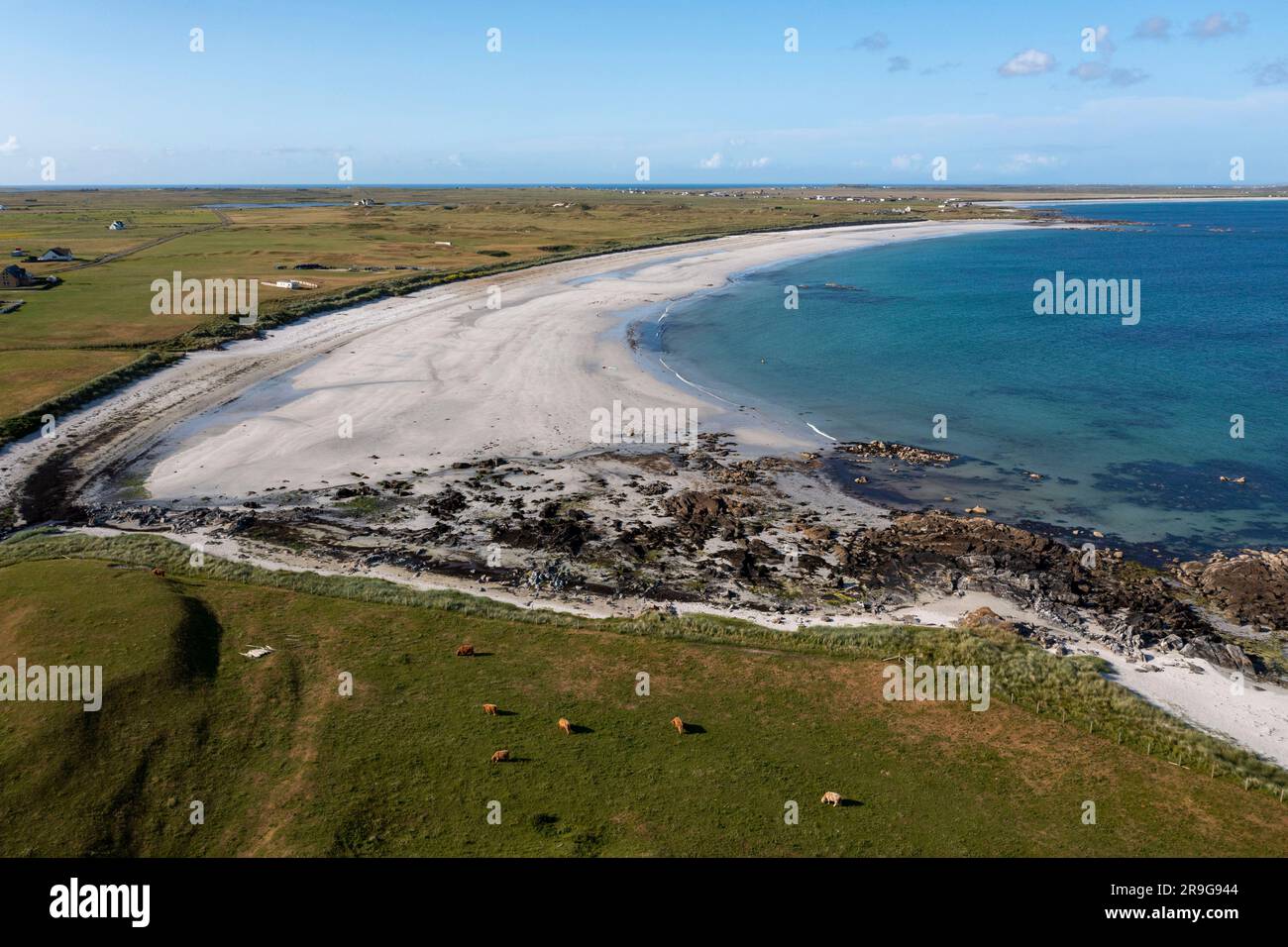 Aerial view of Soroby Bay, Balinoe, Tiree, Inner Hebrides, Scotland ...