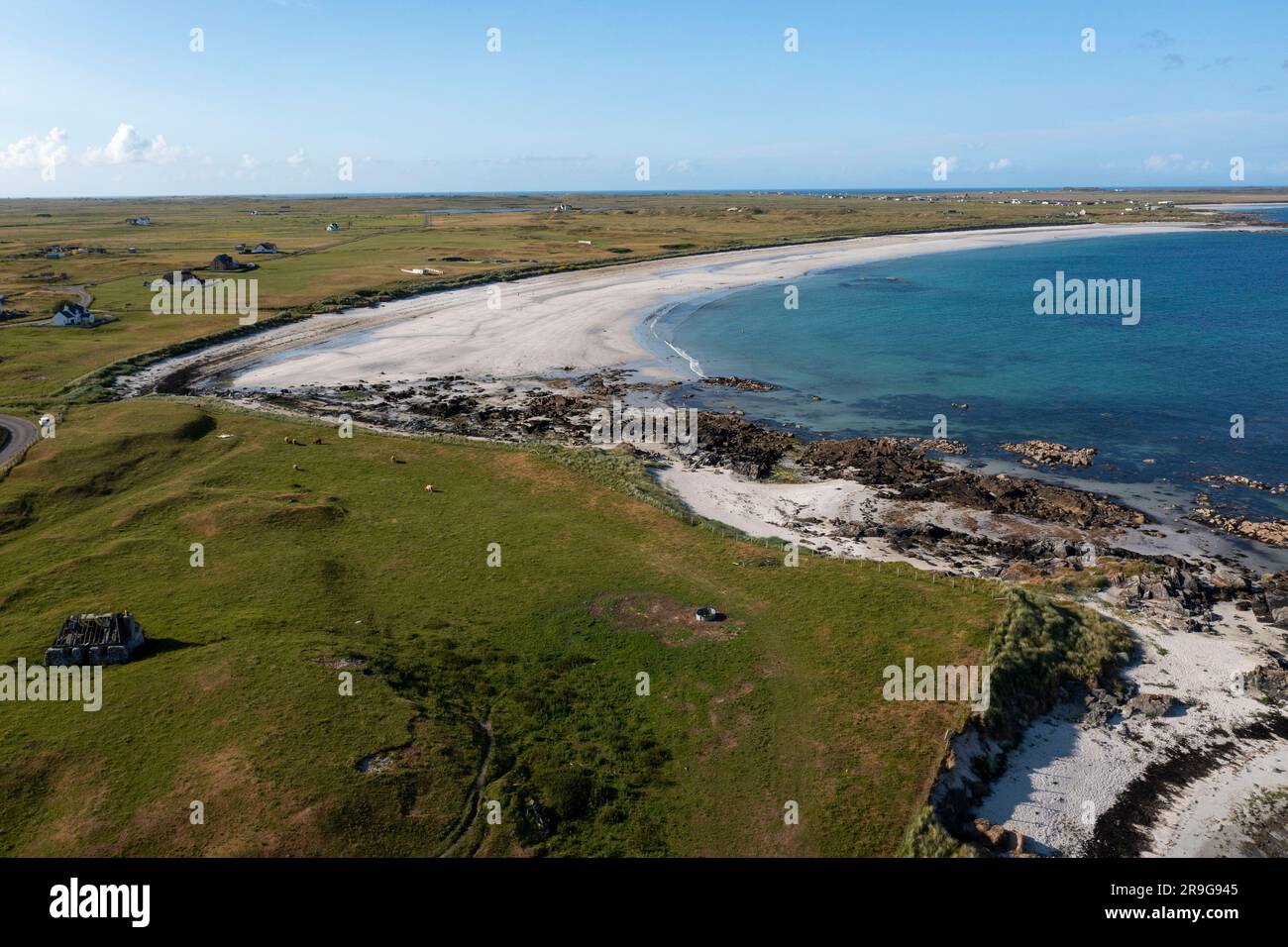 Aerial view of Soroby Bay, Balinoe, Tiree, Inner Hebrides, Scotland ...