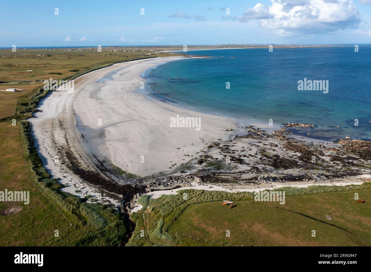 Aerial view of Soroby Bay, Balinoe, Tiree, Inner Hebrides, Scotland ...