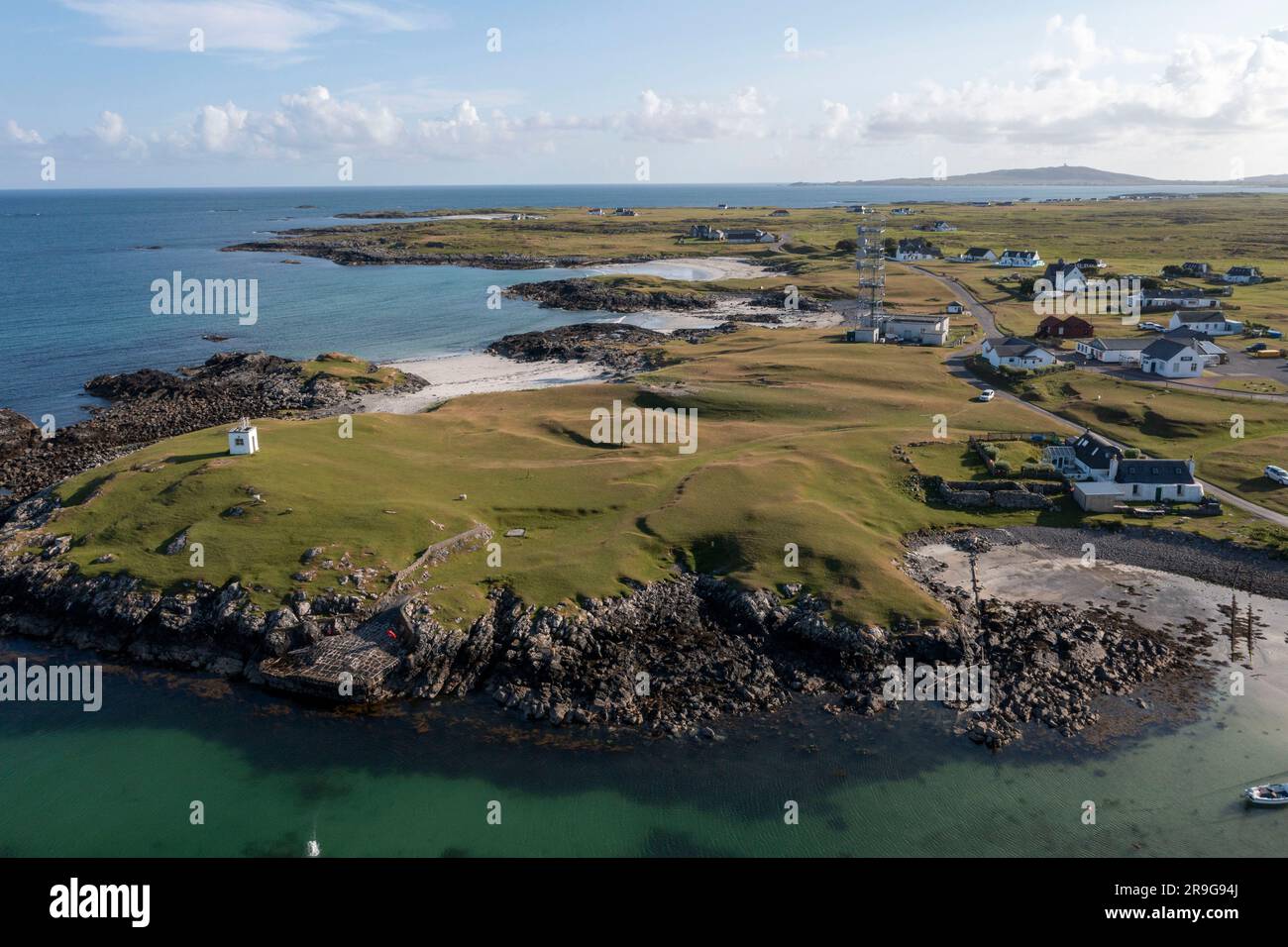 Aerial view of Scarinish Harbour, Tiree, Inner Hebrides, Scotland, UK ...