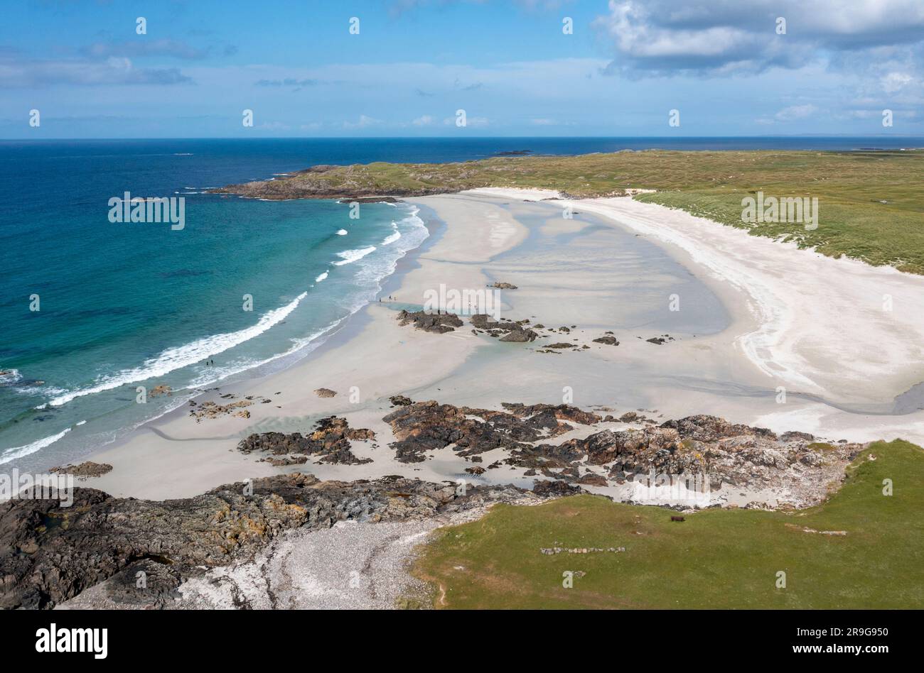 Aerial view of Balevullin Bay beach, Isle of Tiree, Inner Hebrides ...