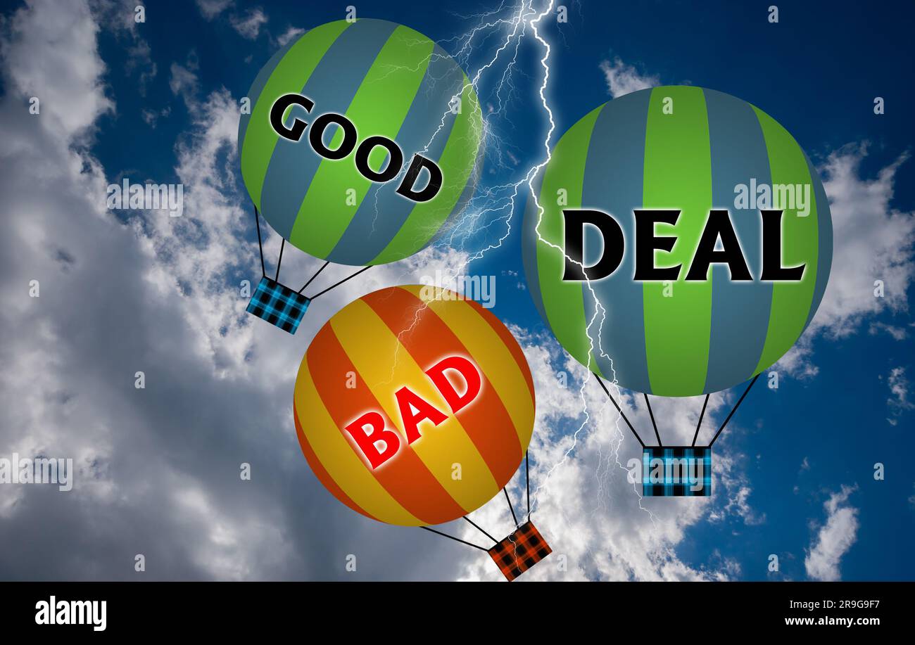 Hot air balloons with Good or bad deal concept. Abstract background. 3d ...
