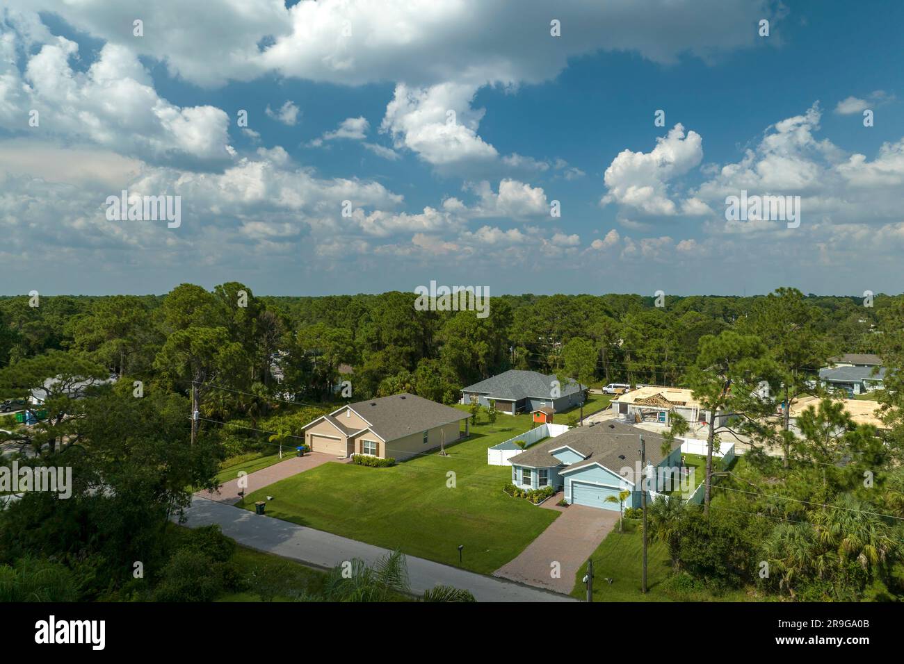 Aerial landscape view of suburban private houses between green palm ...