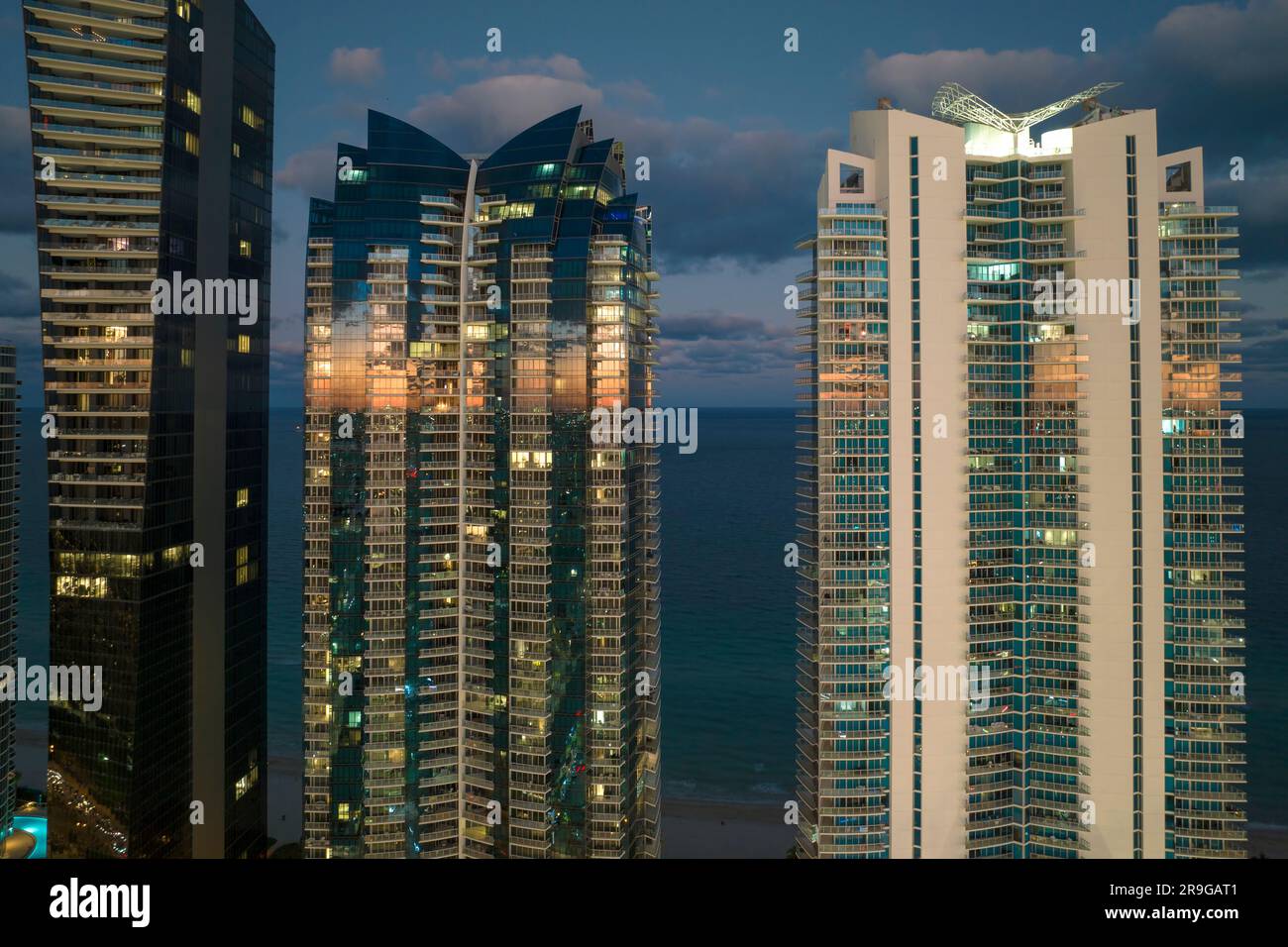 Aerial view of downtown district in Sunny Isles Beach city in Florida ...
