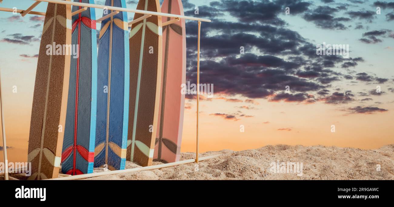 Stand with different surfboards on sea beach Stock Photo - Alamy