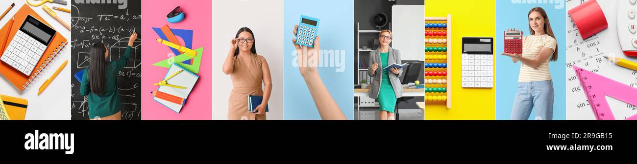 Collage of female math teachers, calculators and stationery Stock Photo ...