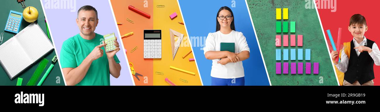 Collage of math teachers, little boy with calculators and stationery on ...