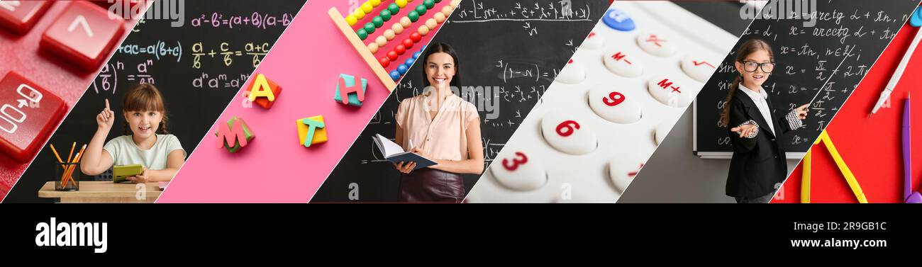 Collage of female math teacher, little girls in classrooms, calculator ...