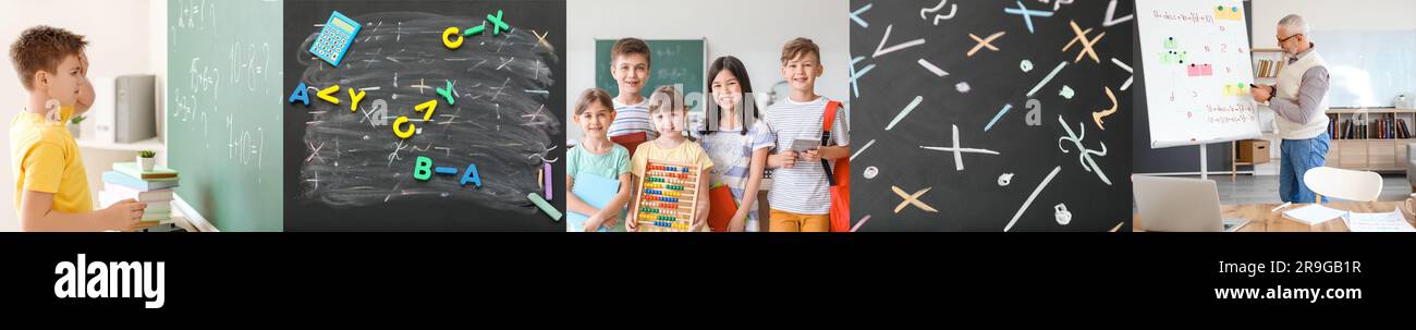 Collage of male math teacher and little children in classroom Stock ...